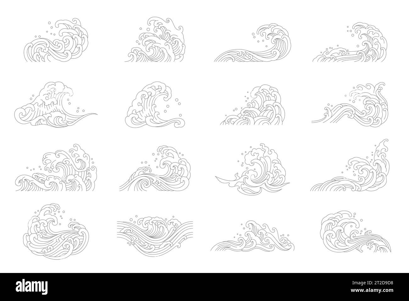 oriental wave splashing water shape outline vector illustration set ...