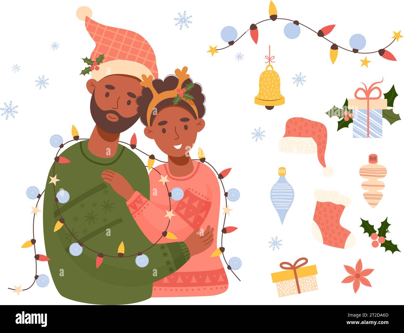 Christmas collection. Happy ethnic black couple with festive garland ...