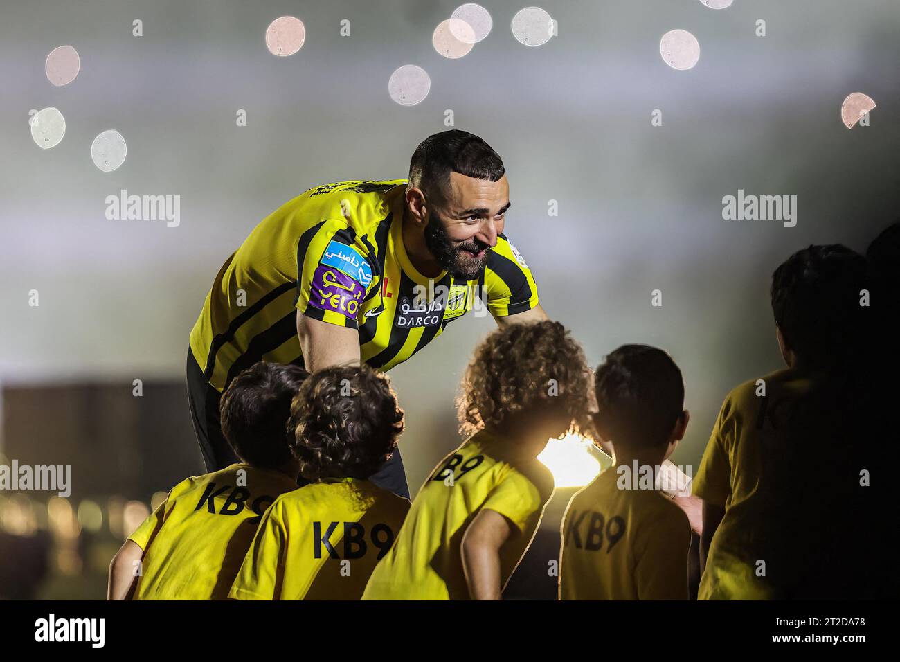 File photo - French football player Karim Benzema is presented to Al-Ittihad fans at King ...