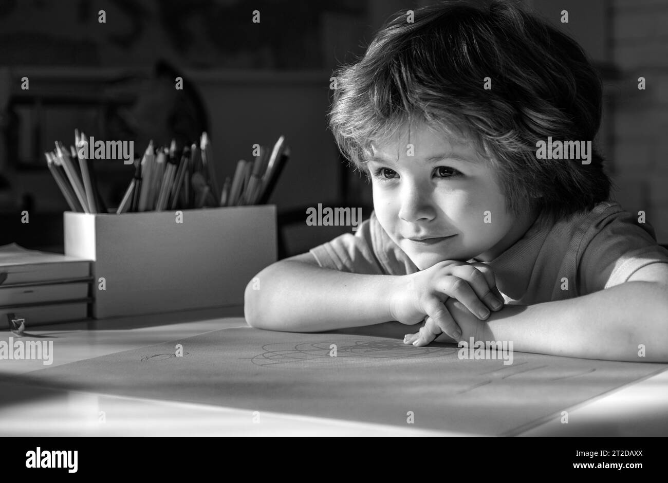 Cute face of pupil, close up. Elementary school classroom. Child home ...