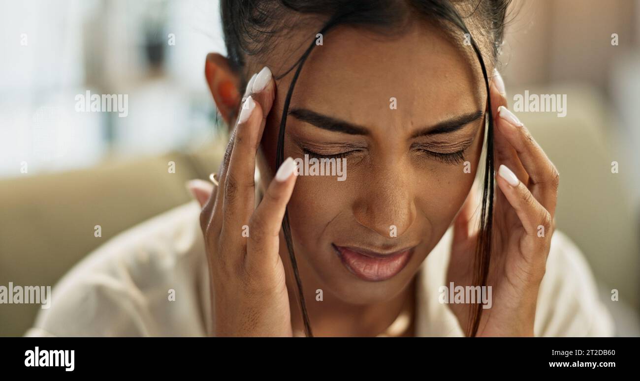 Face of indian woman, pain and headache in home for depression, mental ...