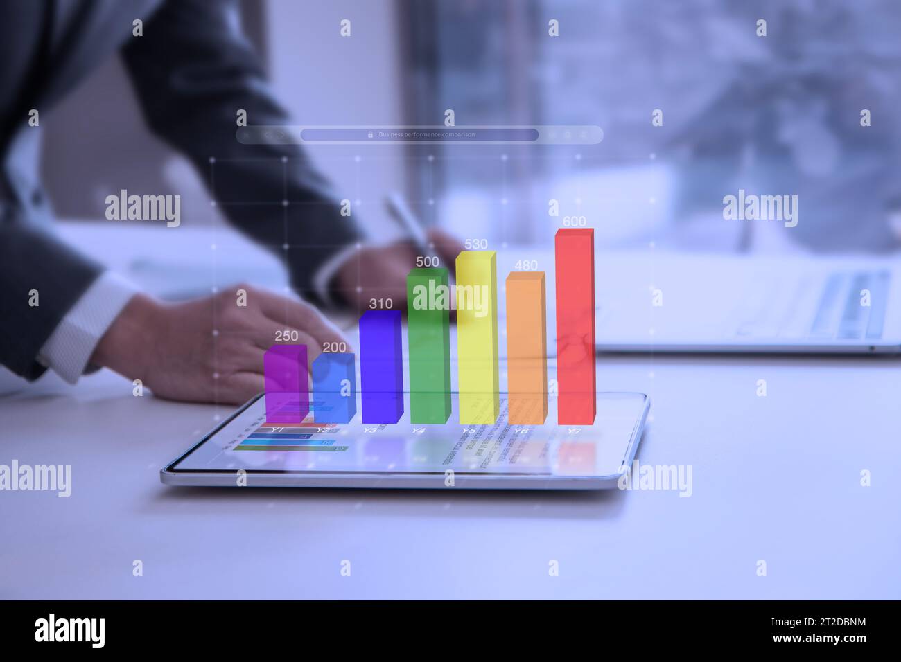 Colorful augmented reality bar graph floating above the tablet screen ... Colorful augmented reality bar graph floating above the tablet screen ...