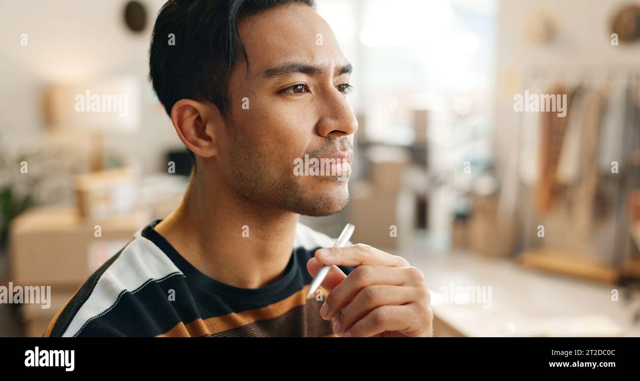 Man, thinking and ideas in boutique with small business owner, future ...