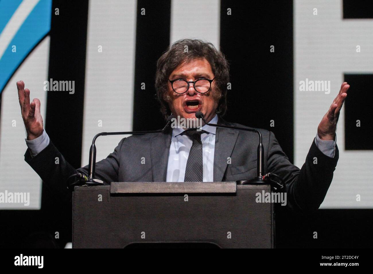 Javier Gerardo Milei makes a speech at the end of his campaign in front ...