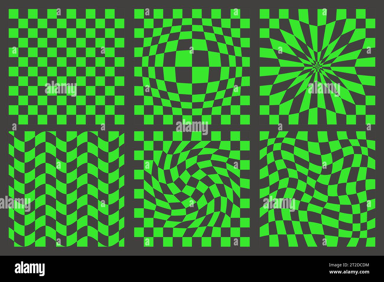 Checkerboard pattern. Black and green psychedelic wavy backgrounds set ...