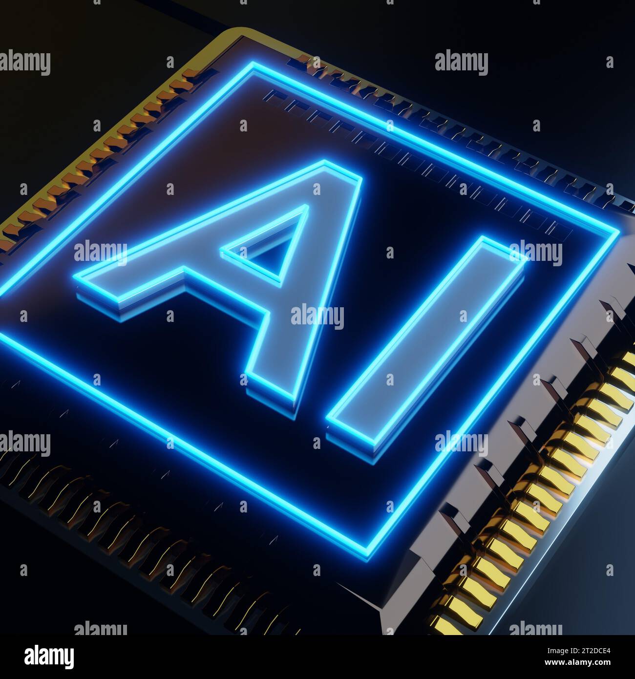 Computer chip with glowing blue neon light sign 3d render Stock Photo ...