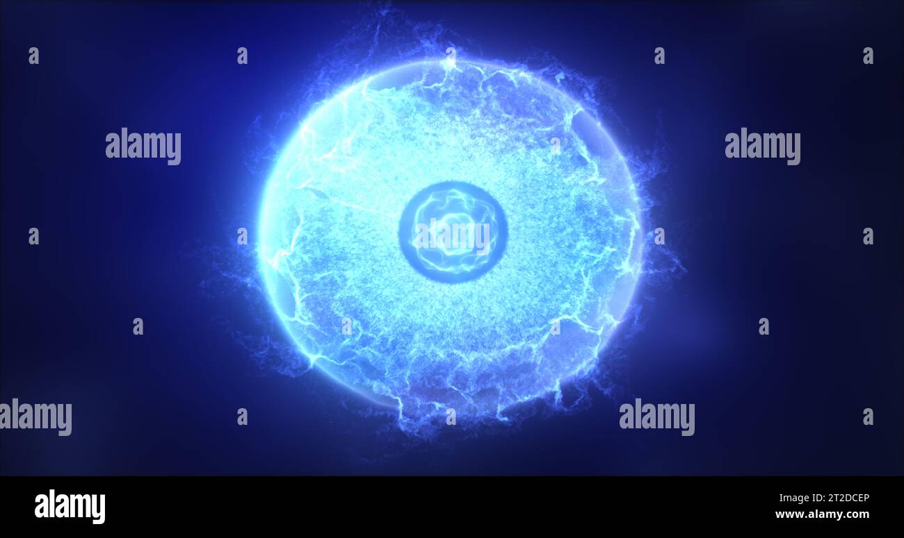 Abstract blue sphere atom with electrons flying glowing bright ...