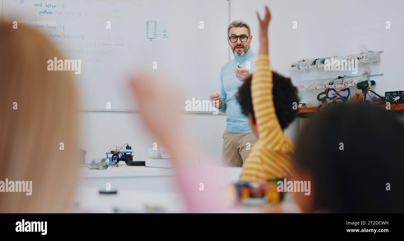 Science, raised hand and teacher with child in classroom for research ...