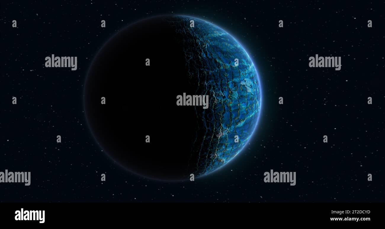 Abstract realistic space spinning planet round sphere with a blue water ...