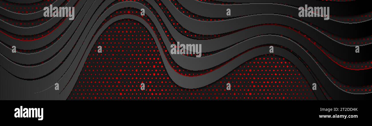 Black curved refracted waves and red dots abstract banner design. Futuristic vector background ...