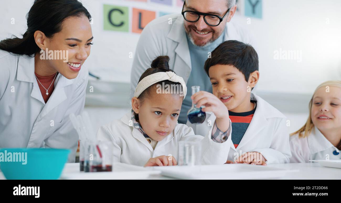 Science, school and students in class with their teachers for learning ...