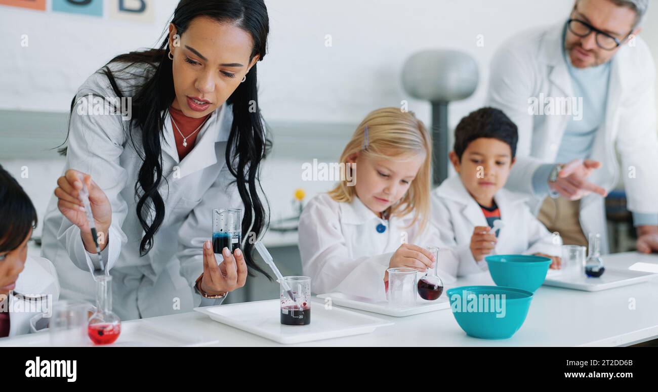 School kids, science and class with teacher, lab and learning ...