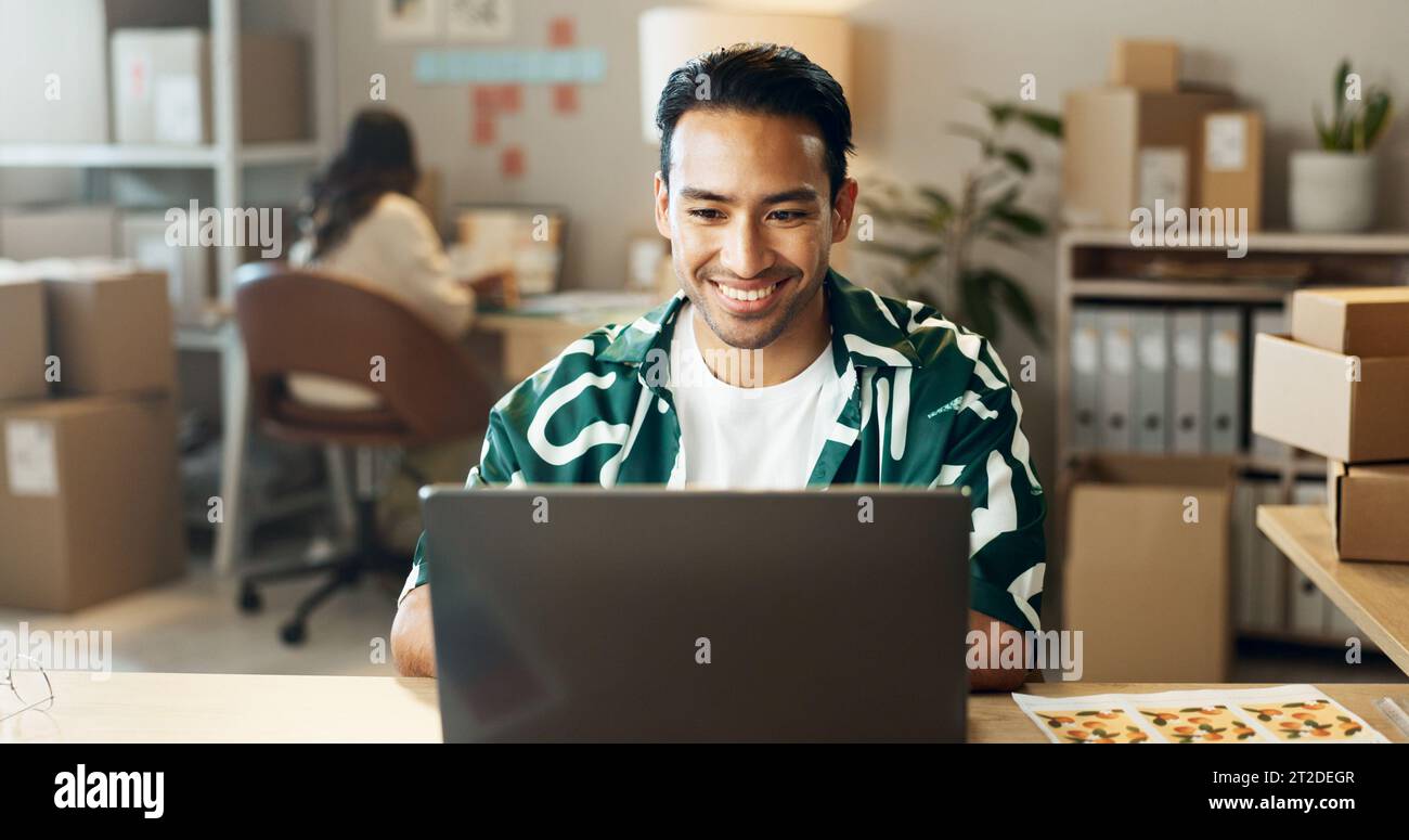 Logistics, man and reading on laptop in office for research, feedback ...