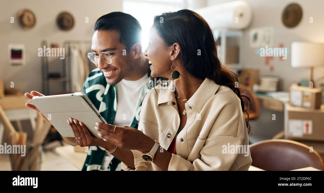 Happy people, tablet and teamwork in small business or logistics for ...