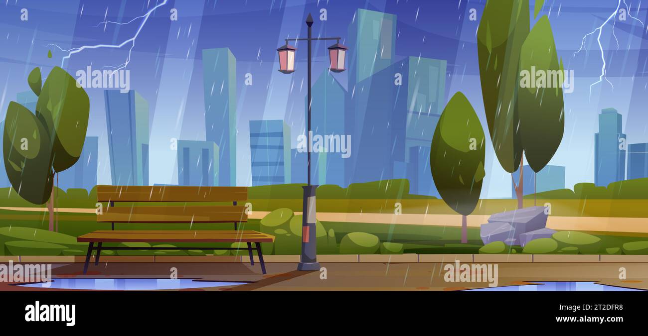 Rainy park with gloomy cityscape background. Vector cartoon ...