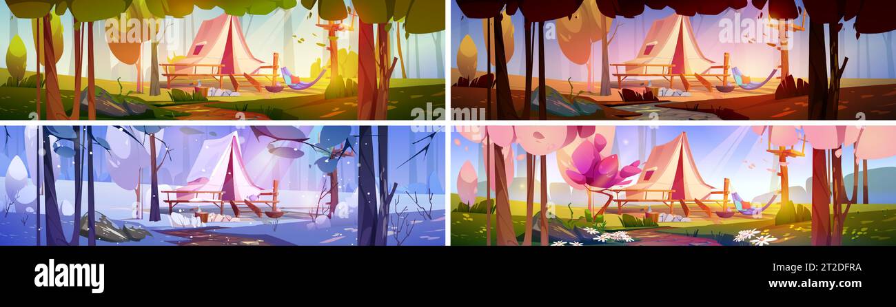 Four season set of camp in forest. Vector cartoon illustration of tent ...