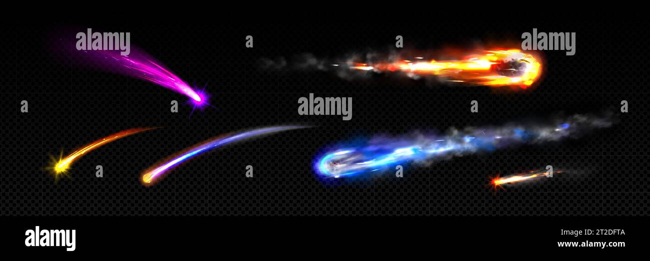 Comets with glowing trail effect. Realistic vector illustration set of ...