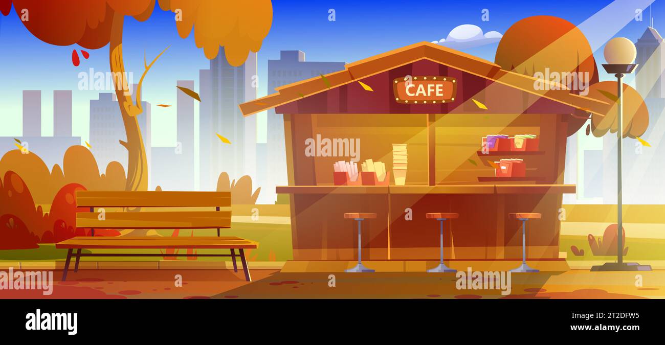 Coffee shop in autumn city park. Vector cartoon illustration of public ...