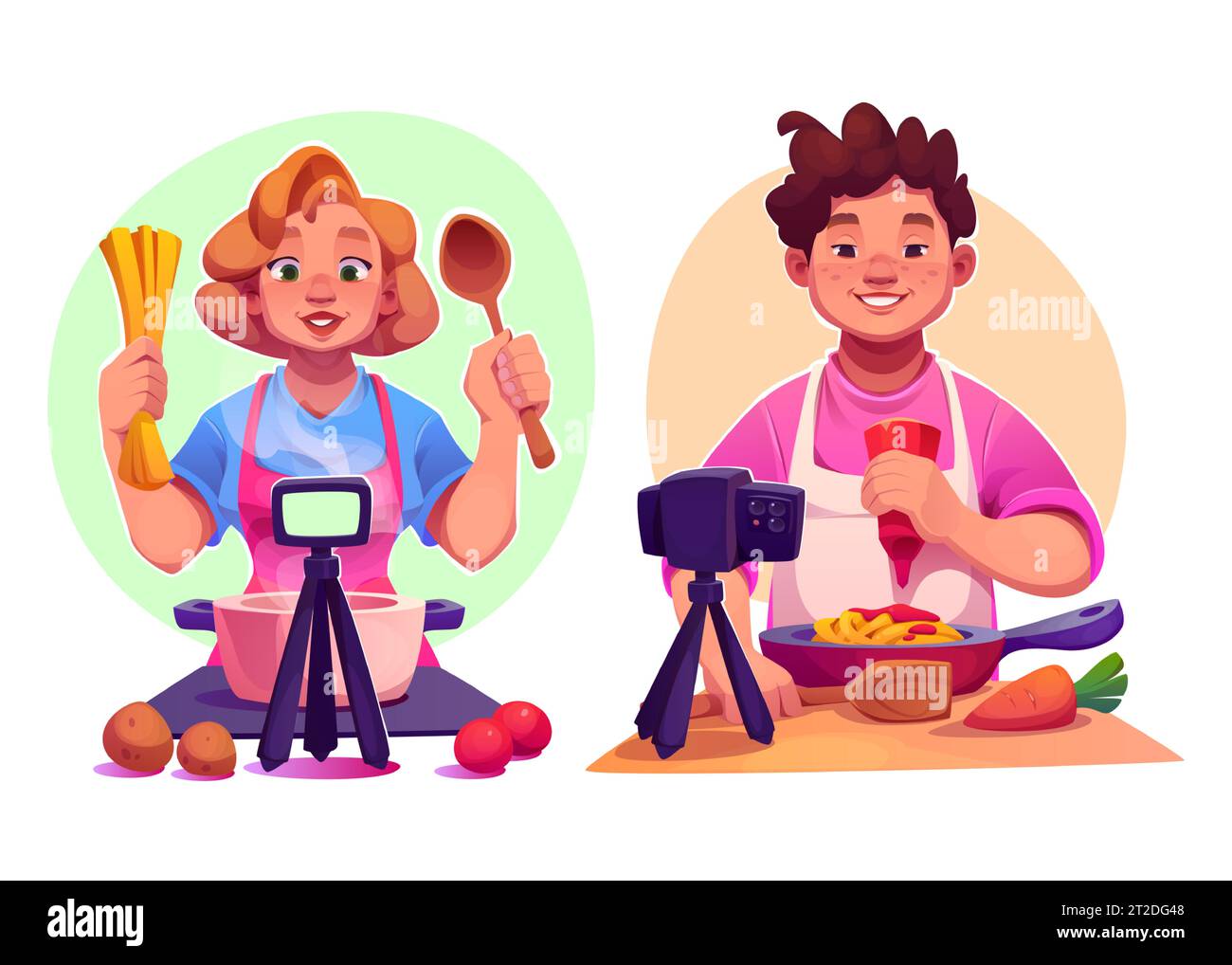 Set of food bloggers cooking on camera isolated on white background ...