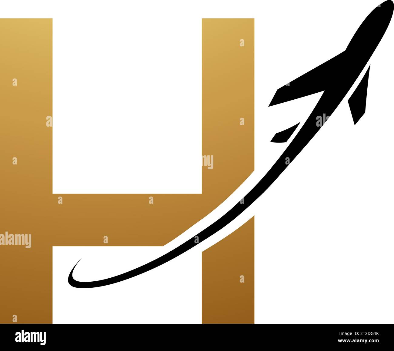 Gold and Black Uppercase Letter H Icon with an Airplane on a White ...
