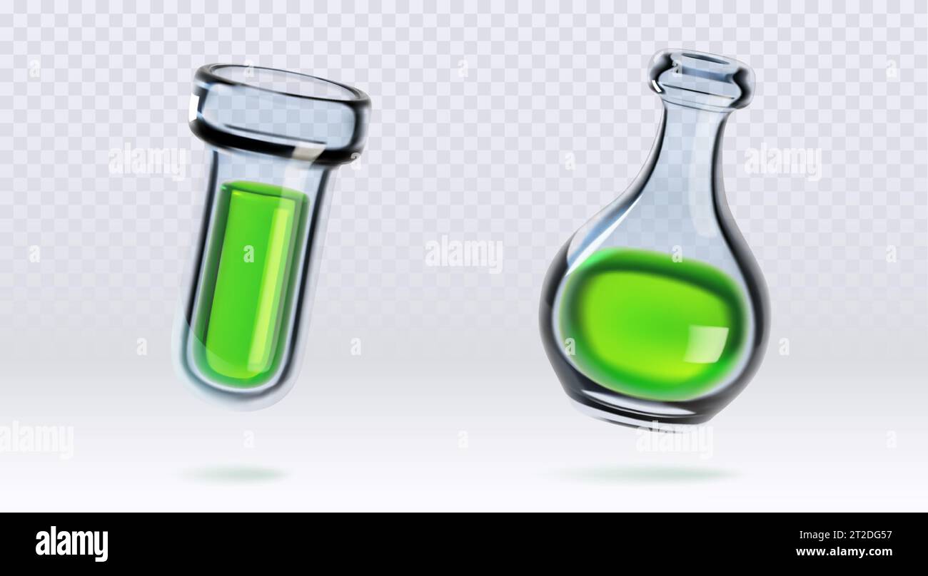 Chemical lab flasks with green liquid substance isolated on transparent ...