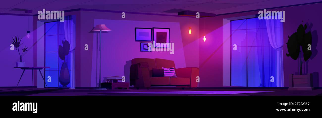 Dark night home living room interior cartoon background. House ...