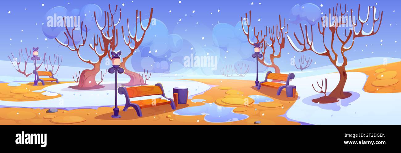 Winter city public park with snow covered ground and trees, bench and ...