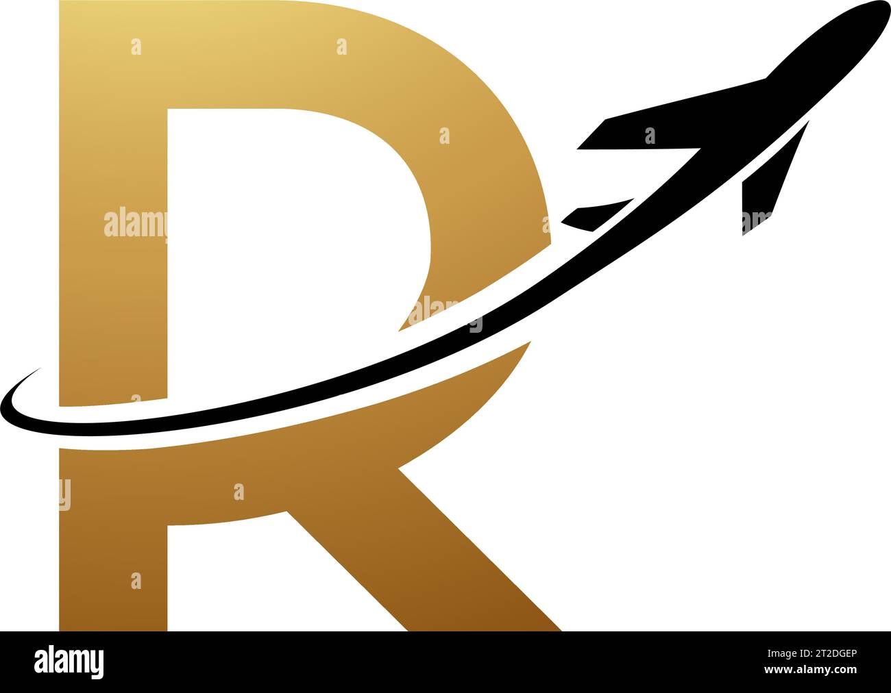 Gold and Black Uppercase Letter R Icon with an Airplane on a White ...