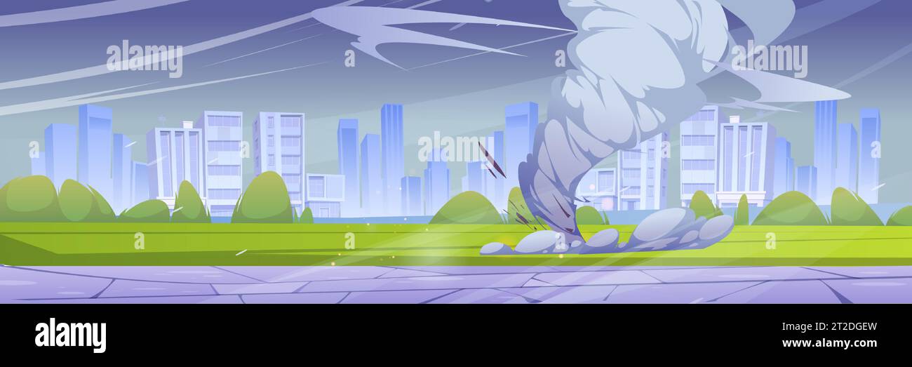 Tornado hurricane twister with swirl dust and cloud near city. Cartoon ...