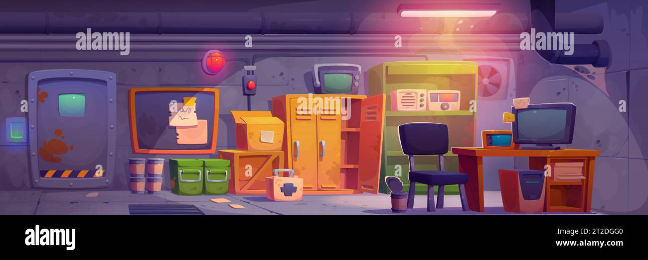 Underground secret bunker shelter room interior. Control station on ...