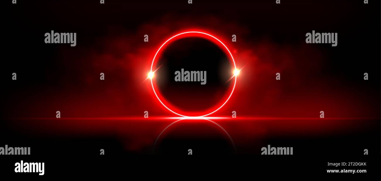 Red neon circle light frame with cloud smoke effect. Led abstract ring ...