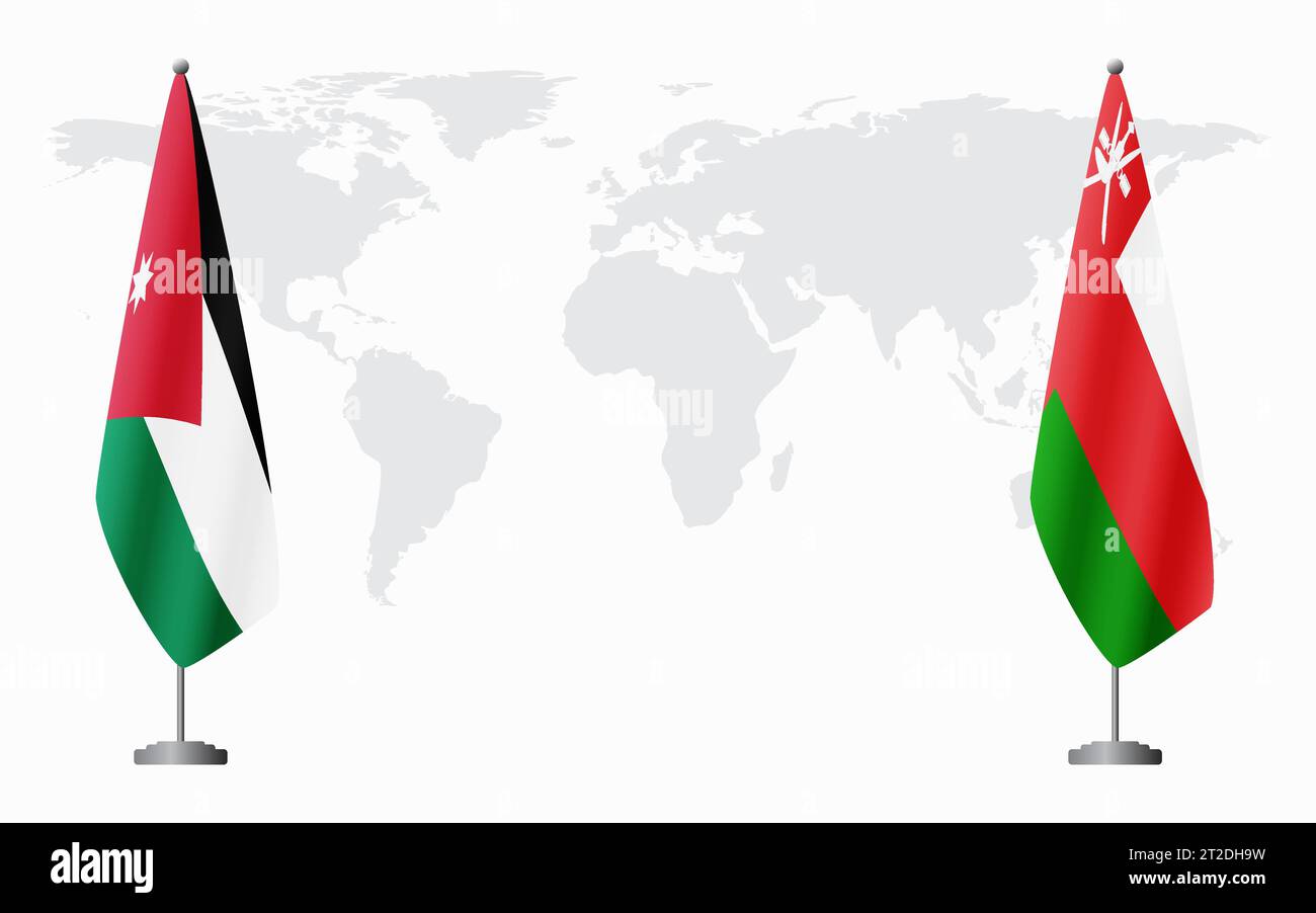 Jordan and Oman flags for official meeting against background of world ...
