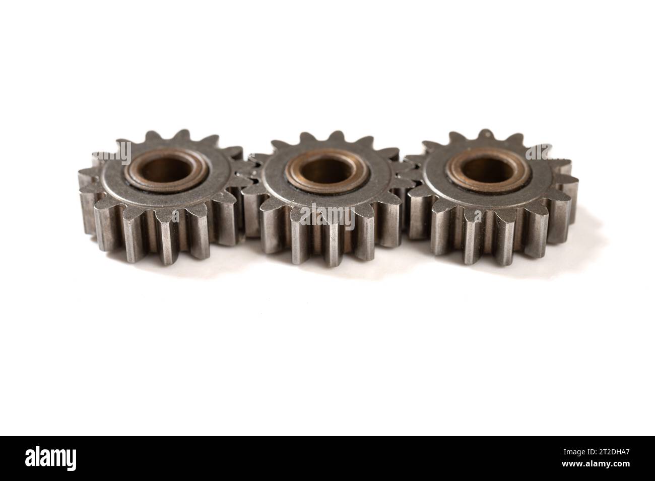 angle view gears on a white background Stock Photo - Alamy