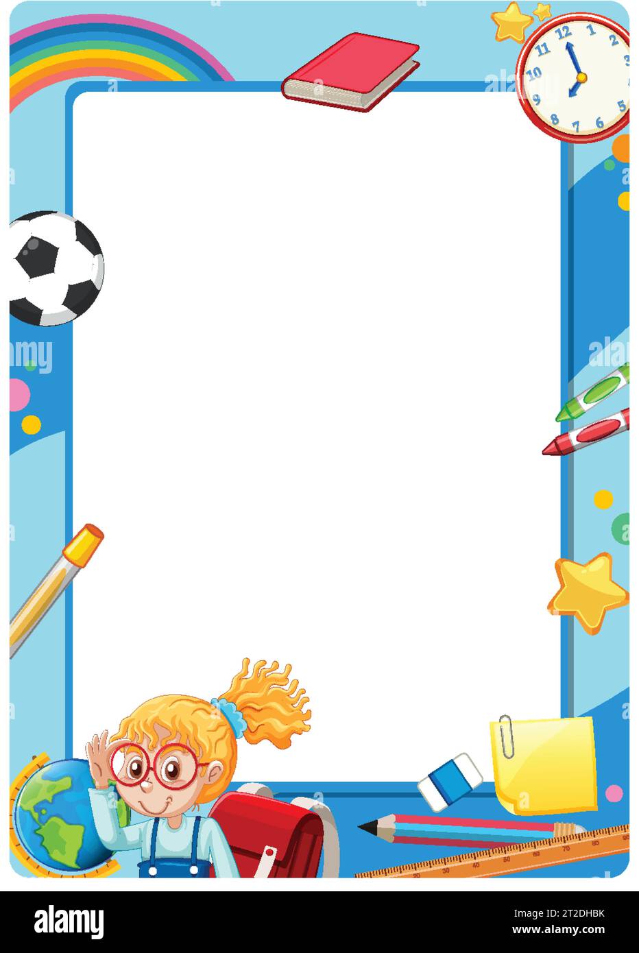 Vector cartoon character surrounded by learning tools in a border frame ...