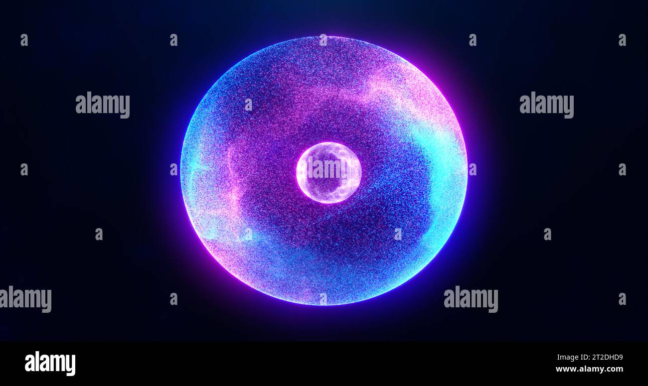 Blue purple energy sphere with glowing bright particles, atom with ...