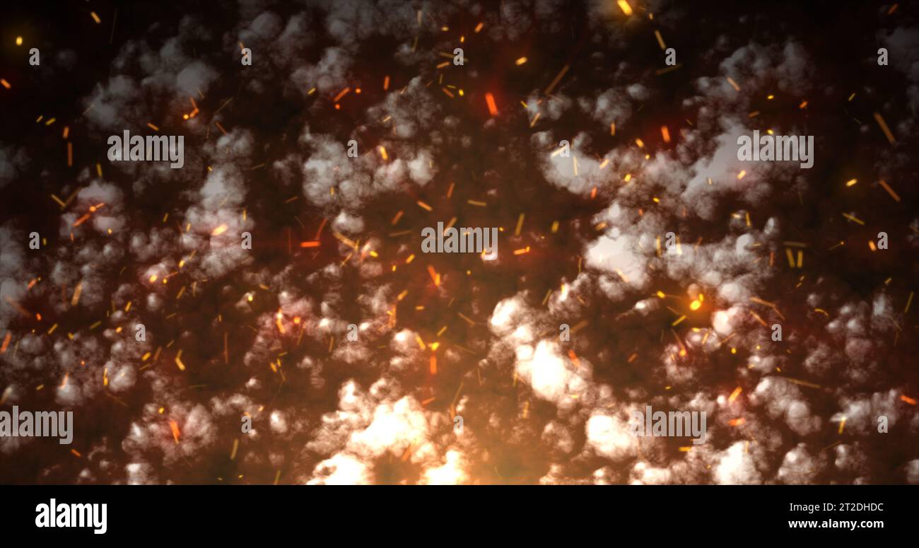 Abstract orange glowing smoke from campfire and flying bright sparks ...