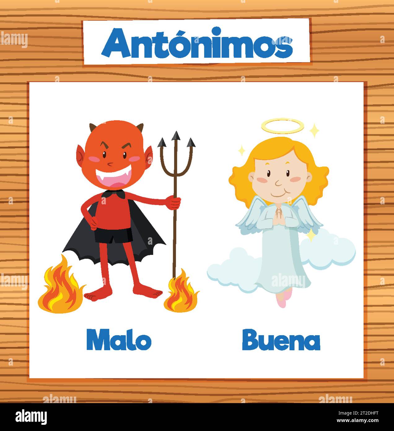 Illustrated card with Spanish antonyms: Malo and Buena Stock Vector ...