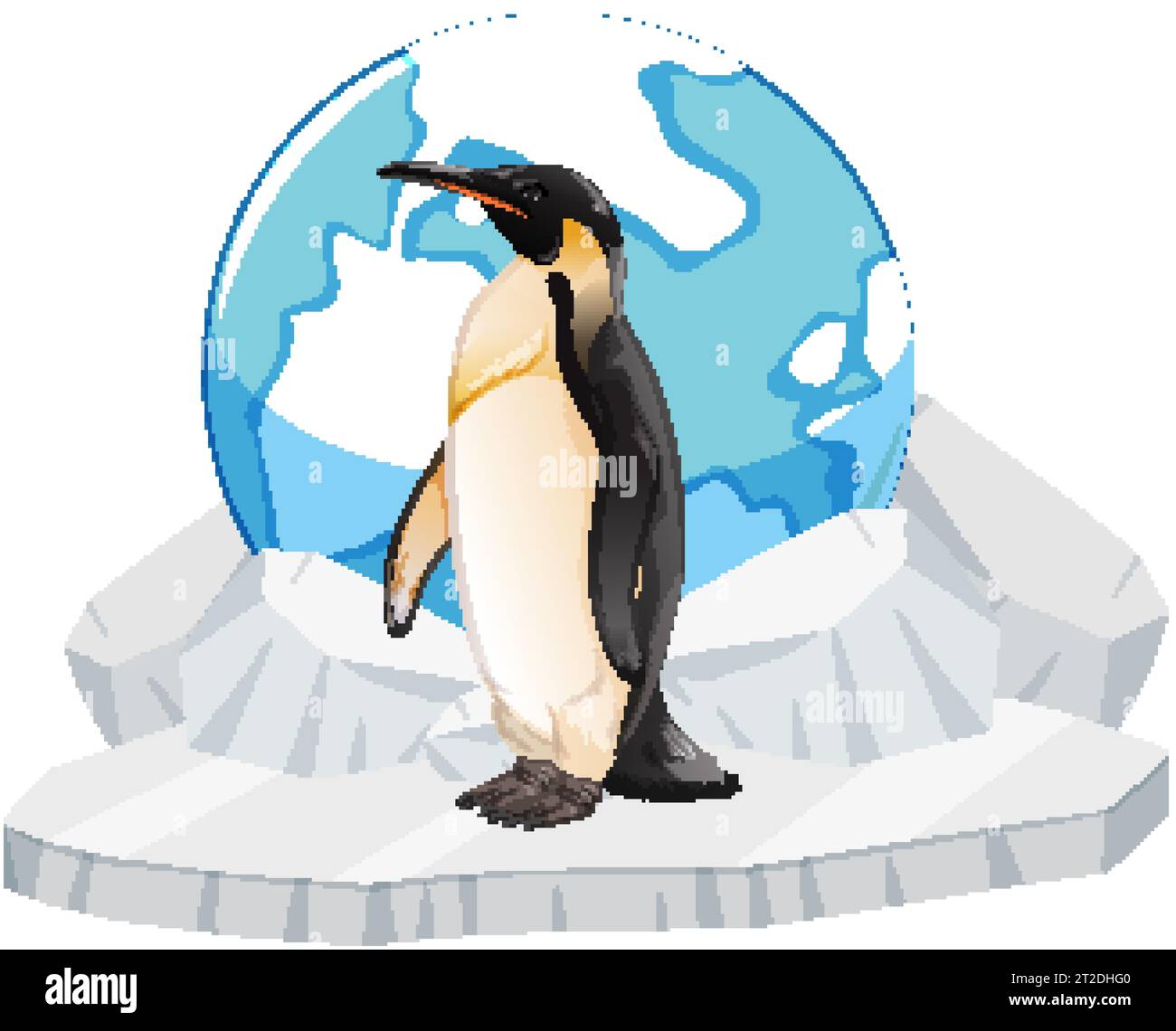 Illustration of a penguin walking on a floe in front of an Earth icon ...