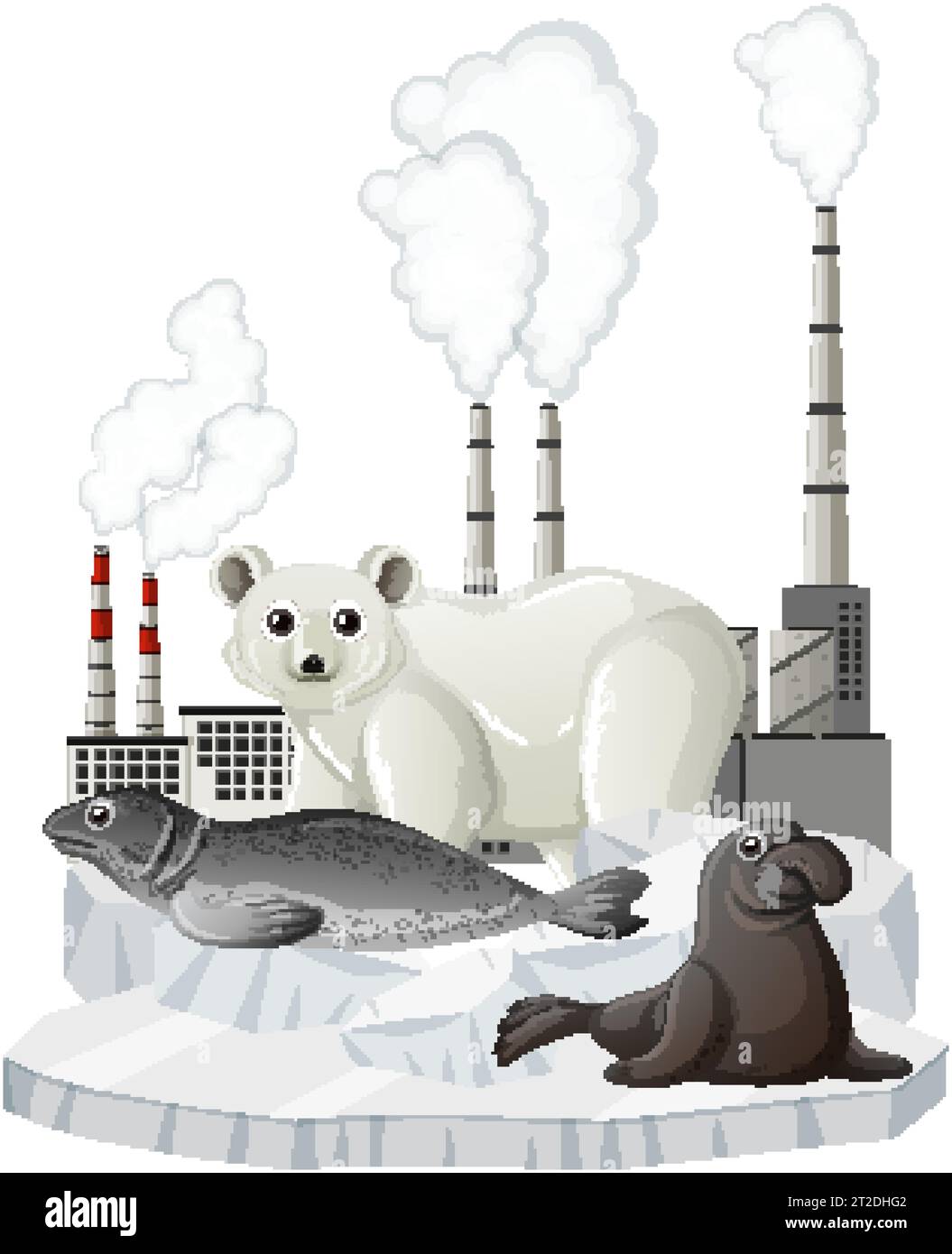 Illustration of animals on melting ice due to human factory pollution ...