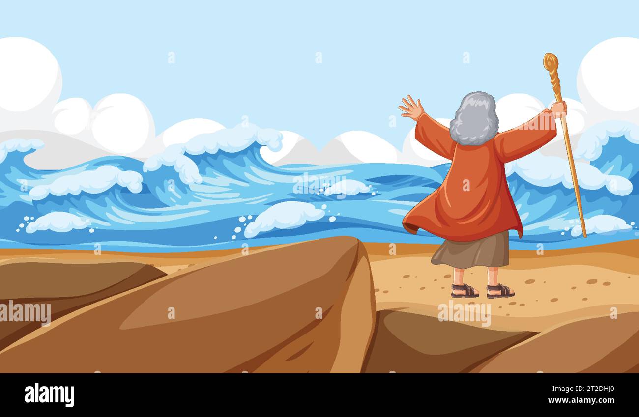 Moses holding staff, parting the sea in a vibrant vector cartoon style ...