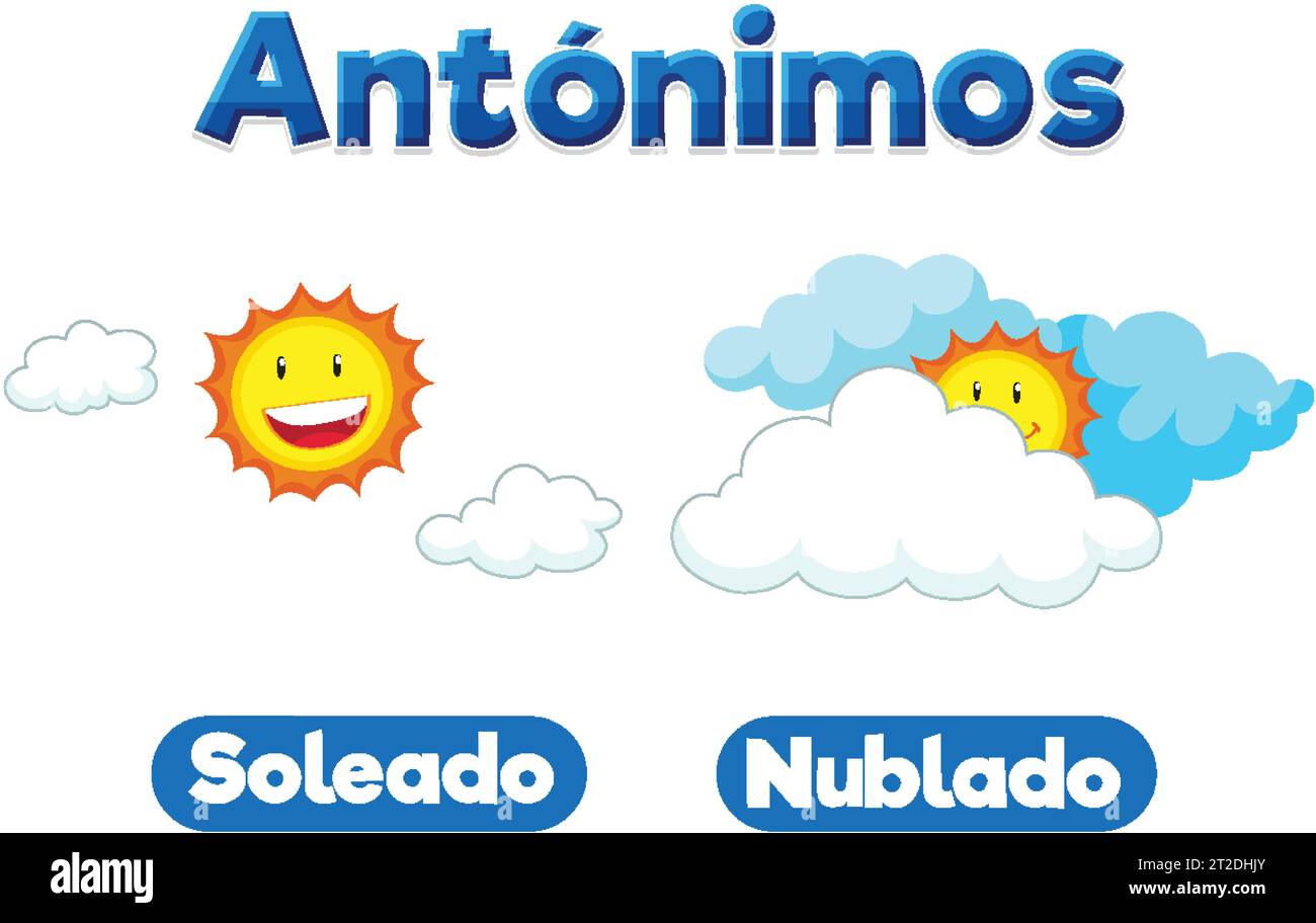 Colorful vector illustration of antonym word card in Spanish language ...