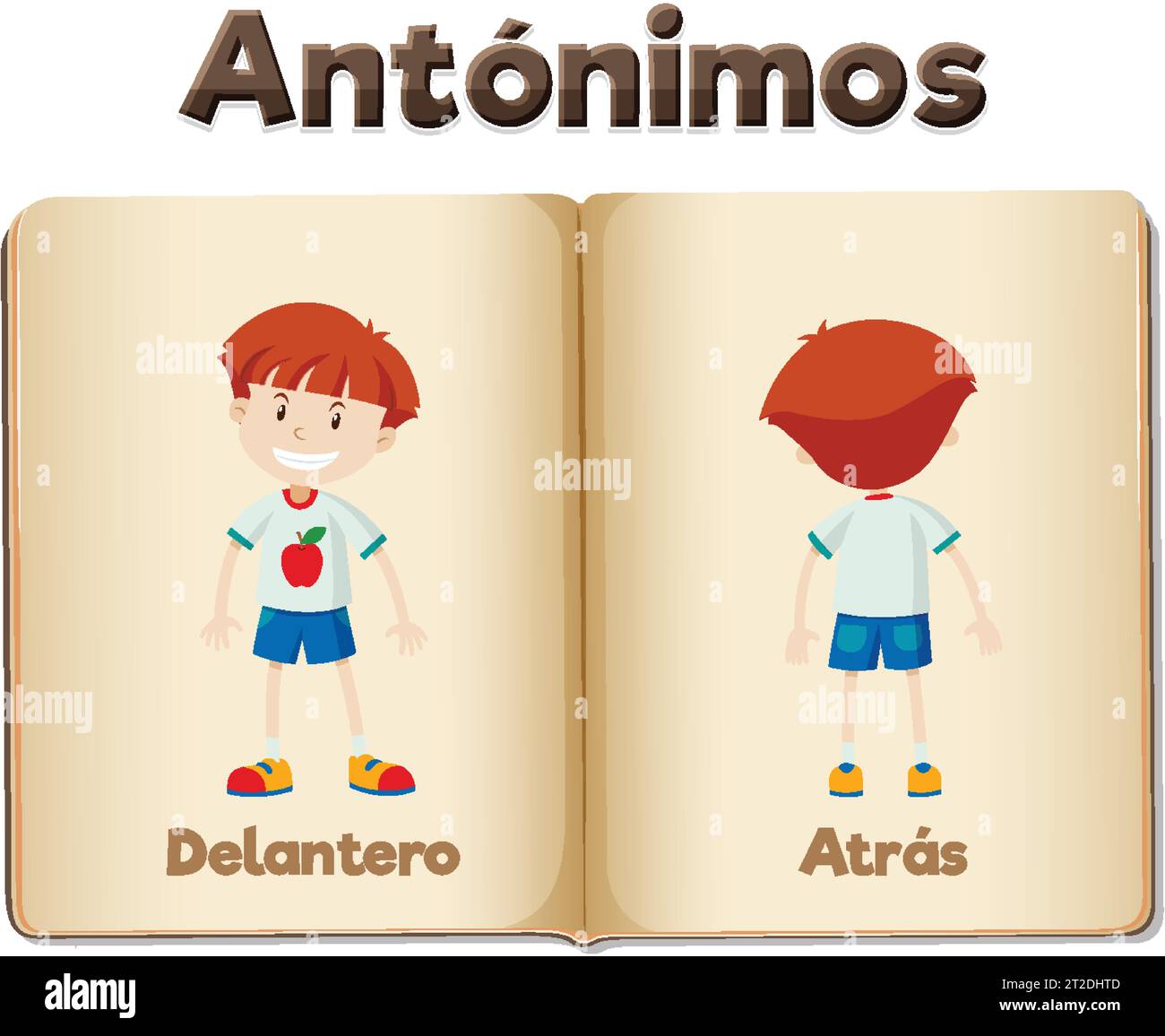 Illustrated word card featuring antonyms Delantero and Atrás in Spanish ...