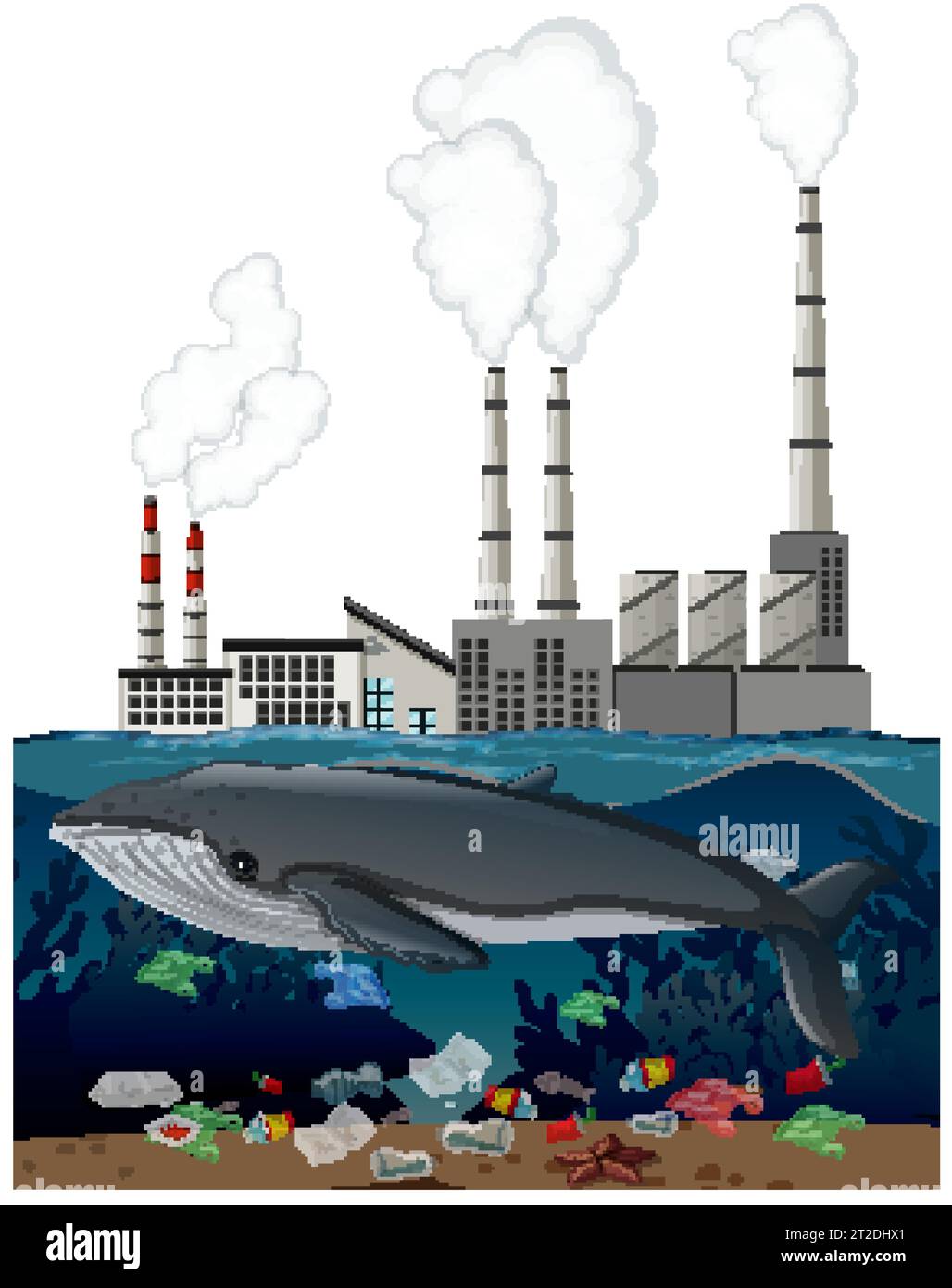 Illustration of a sad whale above a polluted sea filled with trash ...
