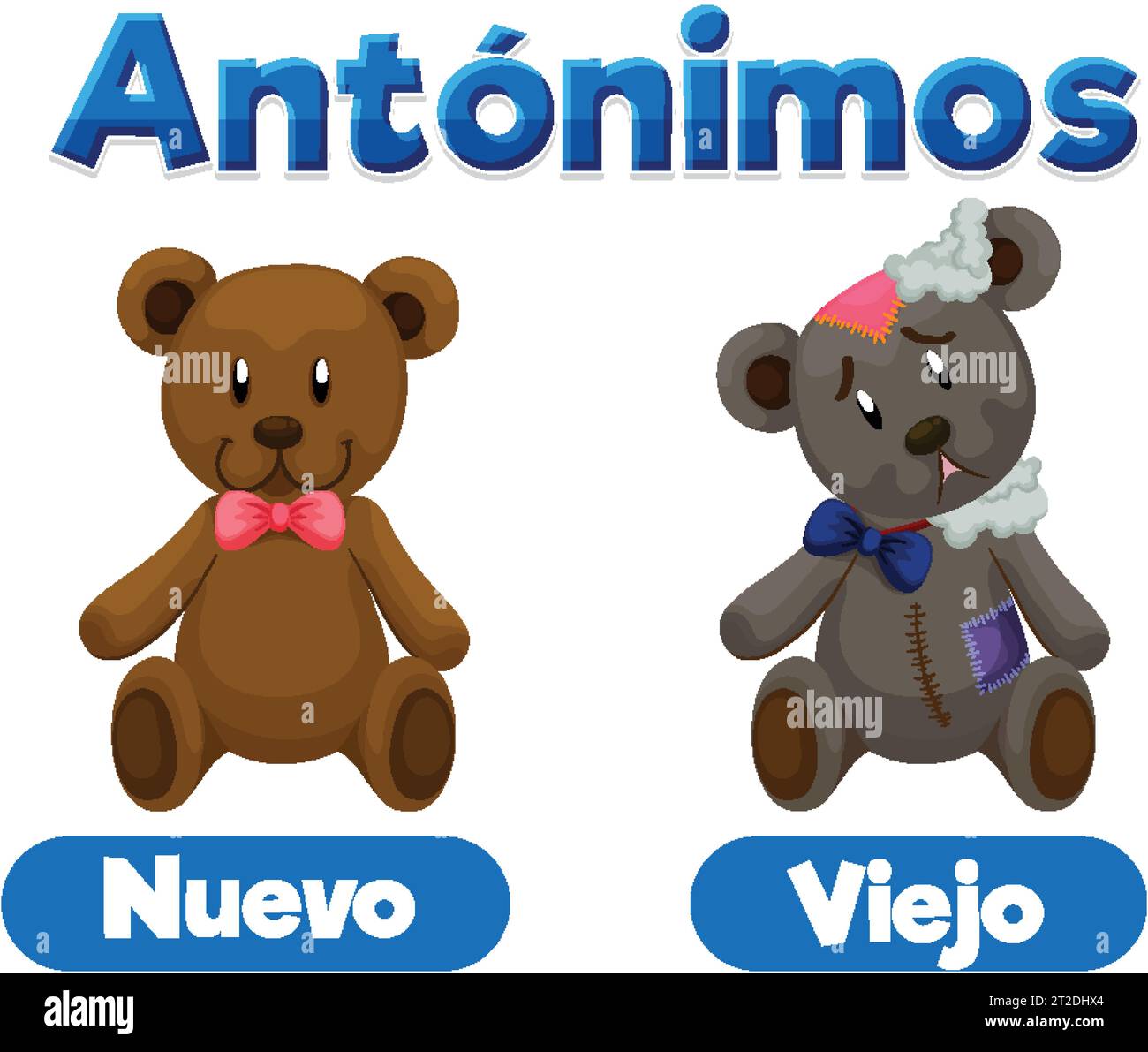 Illustrated word card in Spanish featuring antonyms Nuevo and Viejo ...