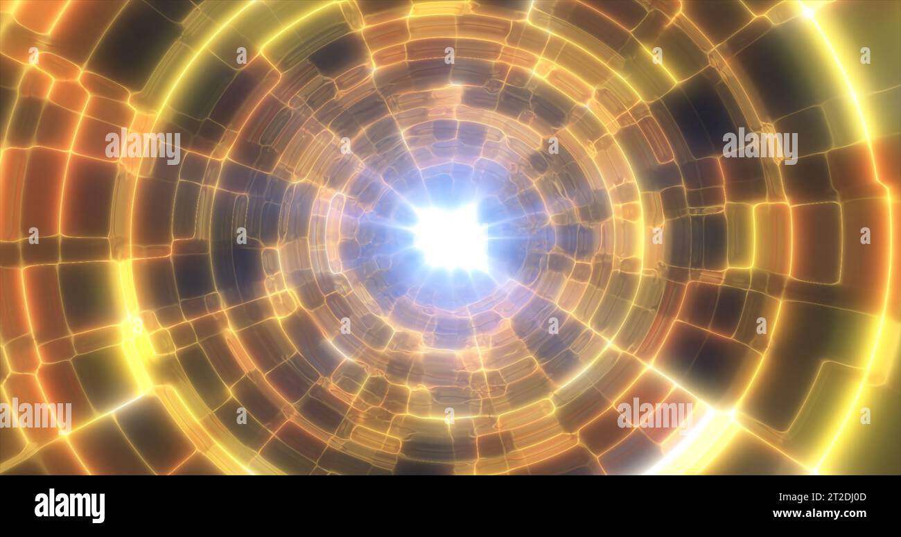 Yellow energy tunnel with glowing bright electric magic lines ...