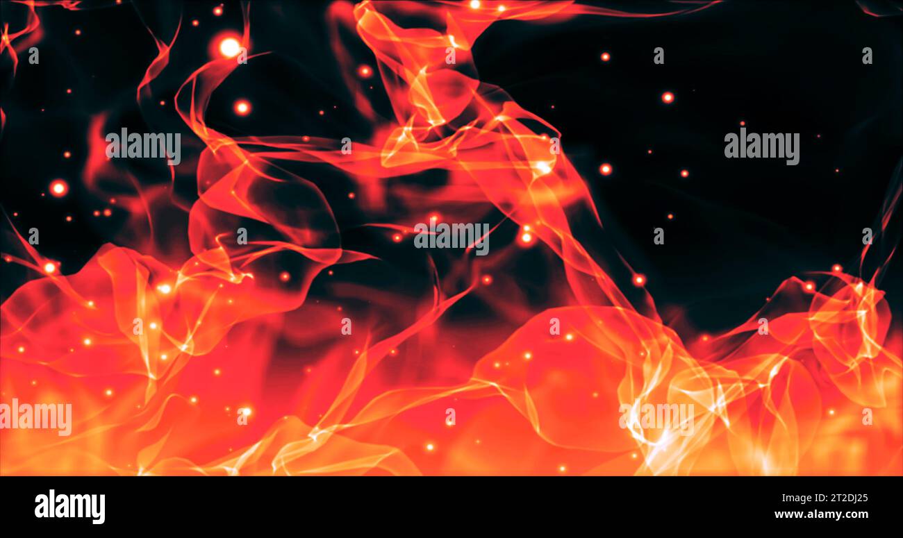 Abstract orange smoke and red fire flies in waves and flying particles ...