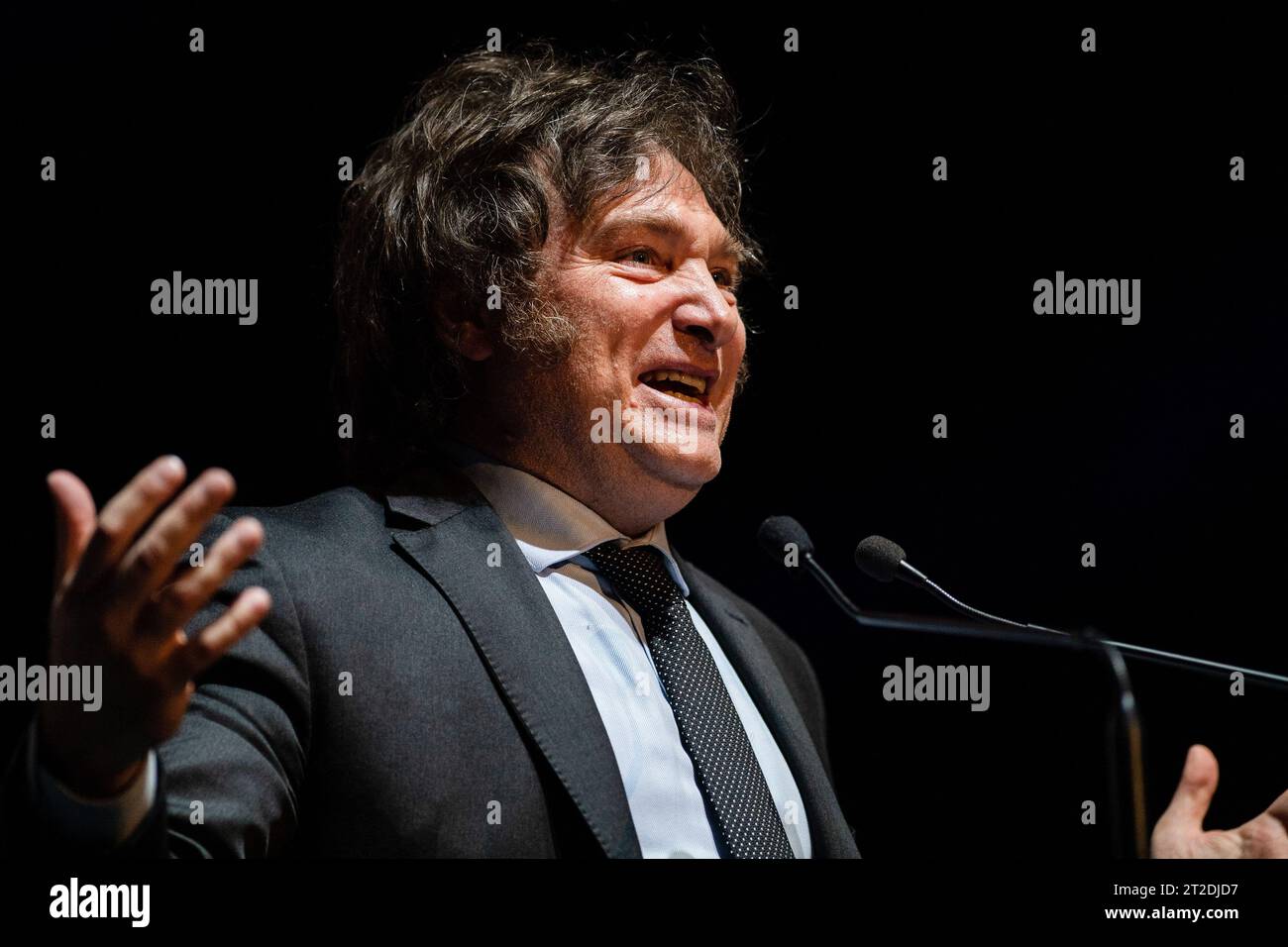 Presidential candidate Javier Milei of La Libertad Avanza speaks to ...