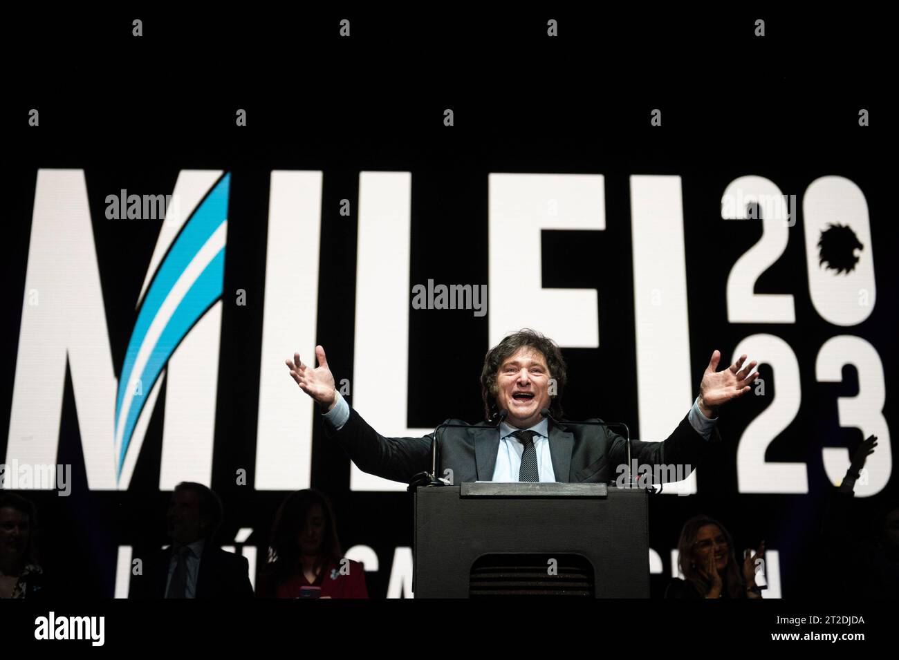 Presidential candidate Javier Milei of La Libertad Avanza speaks to ...