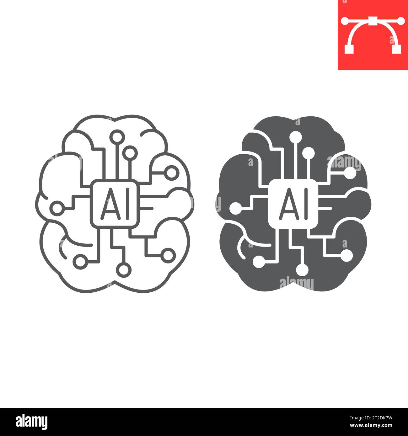 AI brain line and glyph icon, technology and artificial intelligence, human brain with microchip ...