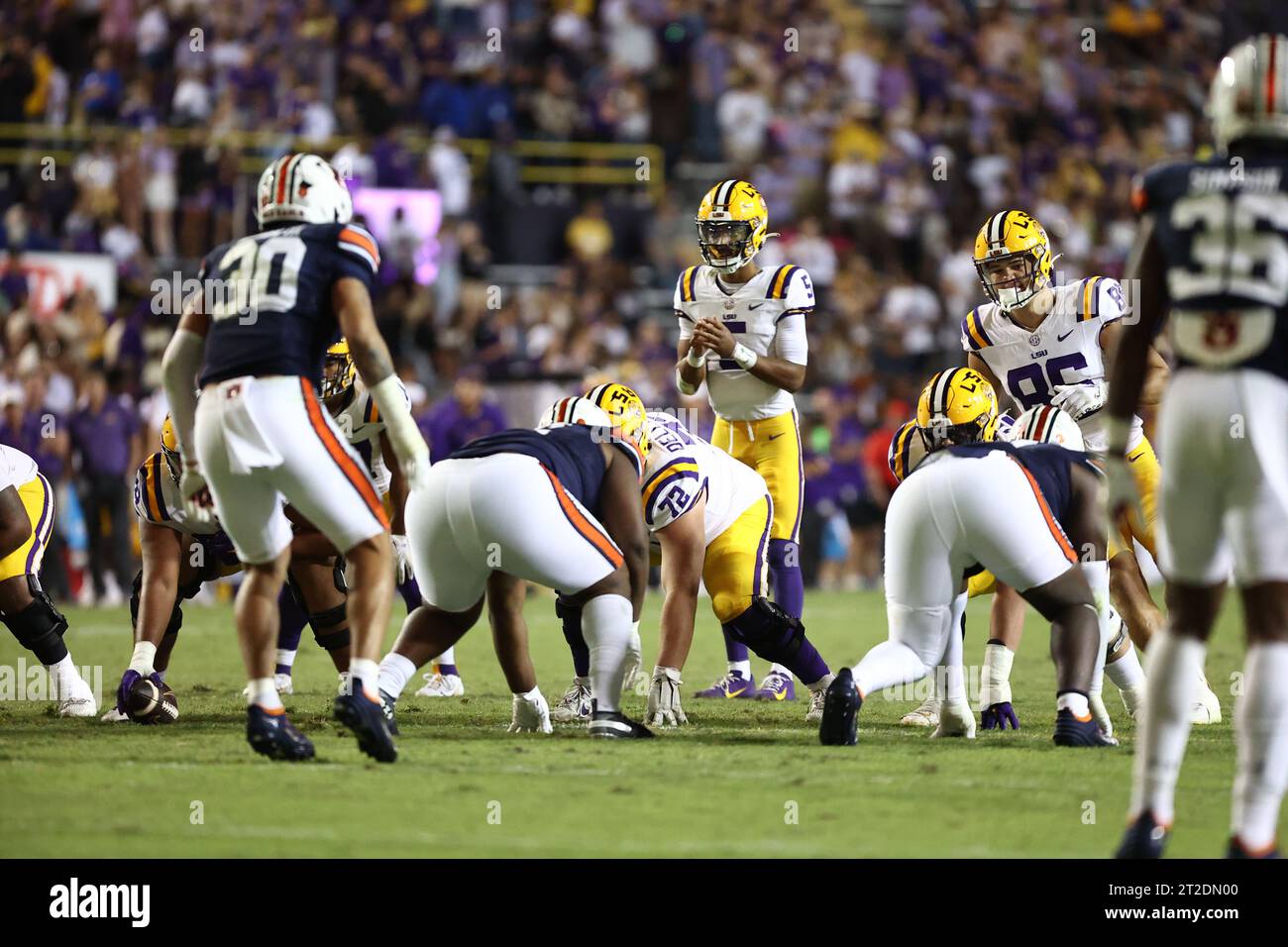LSU Tigers quarterback Jayden Daniels (5) sets up behind center during ...